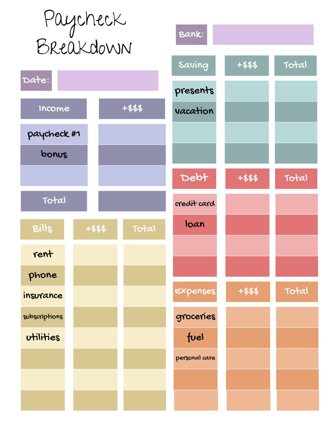 Budget Planner Paycheck Breakdown - Etsy