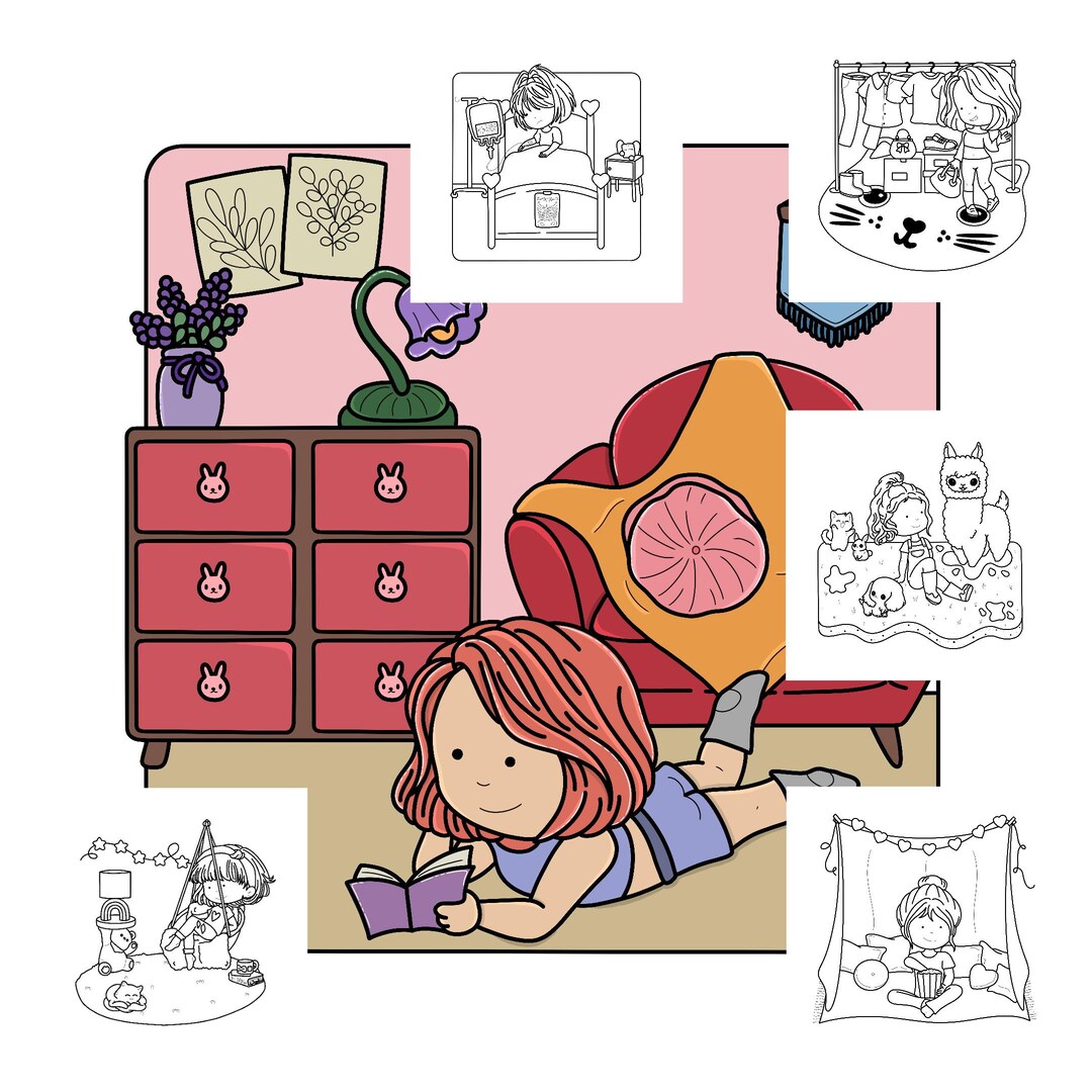 Kawaii Girls Cozy Comfy Hygge Colouring Book Digital Download Printable ...