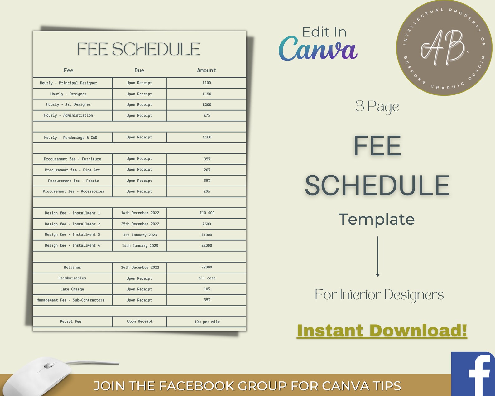 Fee Schedule Template for Interior Designers Fee Calculator Payment ...