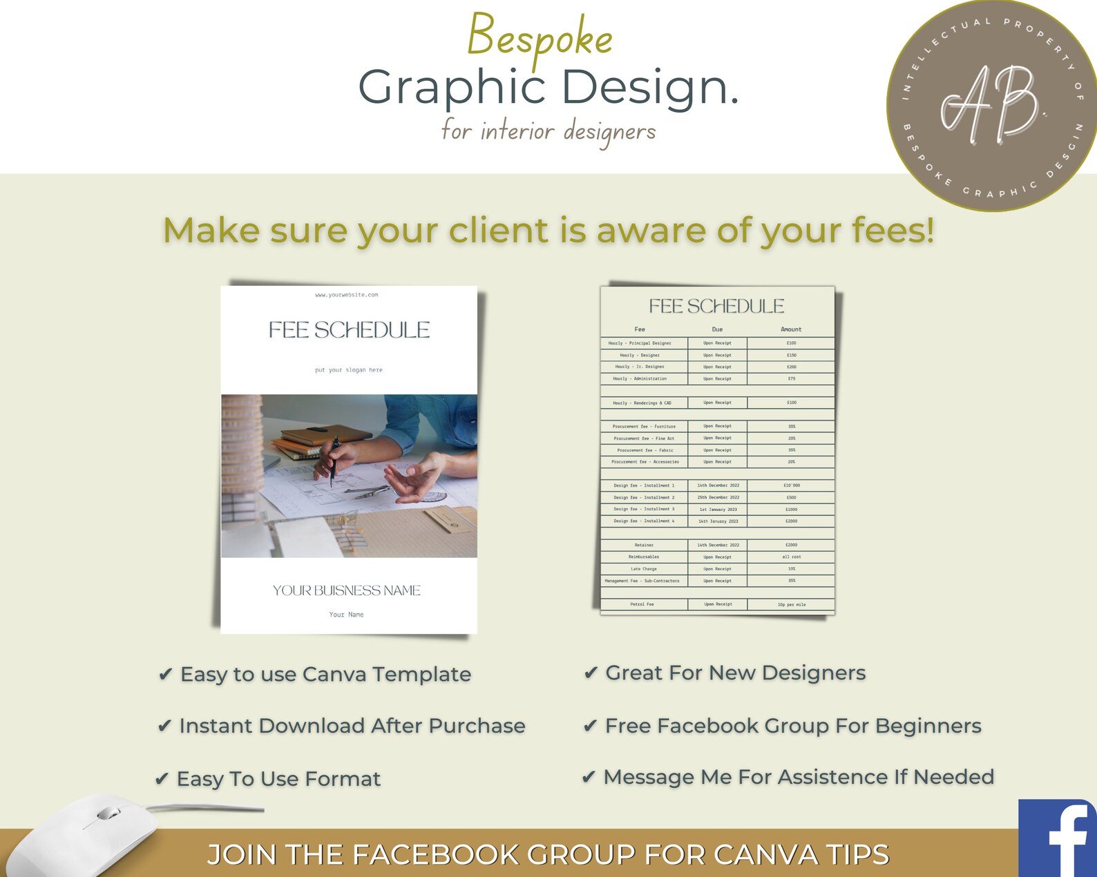 Fee Schedule Template for Interior Designers Fee Calculator Payment ...