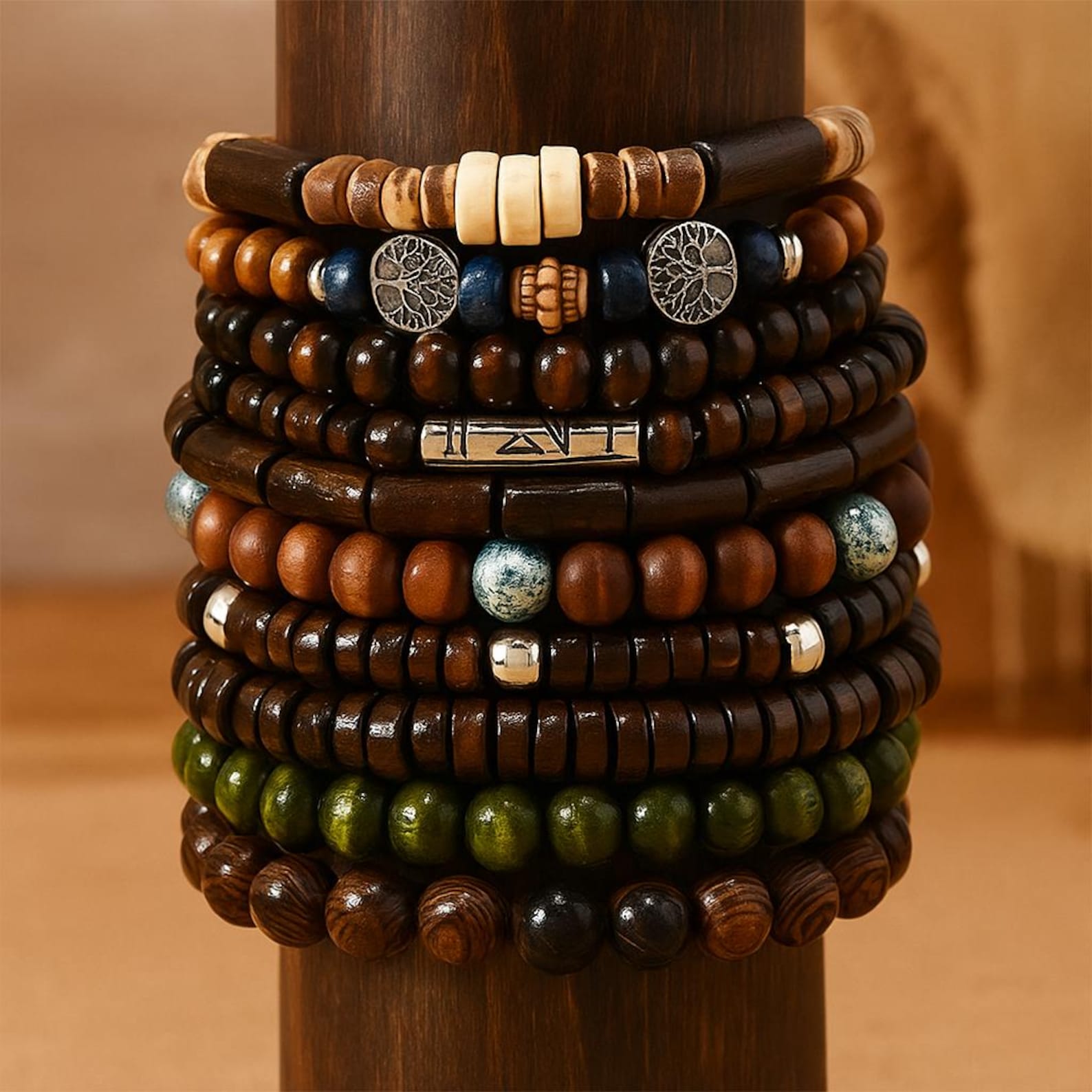 10pcs Boho Beaded Bracelets for Men – Vintage Multi-layer Wooden ...