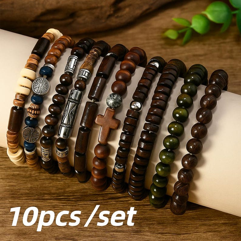 10pcs Boho Beaded Bracelets for Men – Vintage Multi-layer Wooden ...