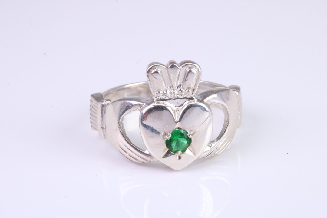 Large and Heavy Stone Set Claddagh Ring, Set With Emerald Green C Z ...