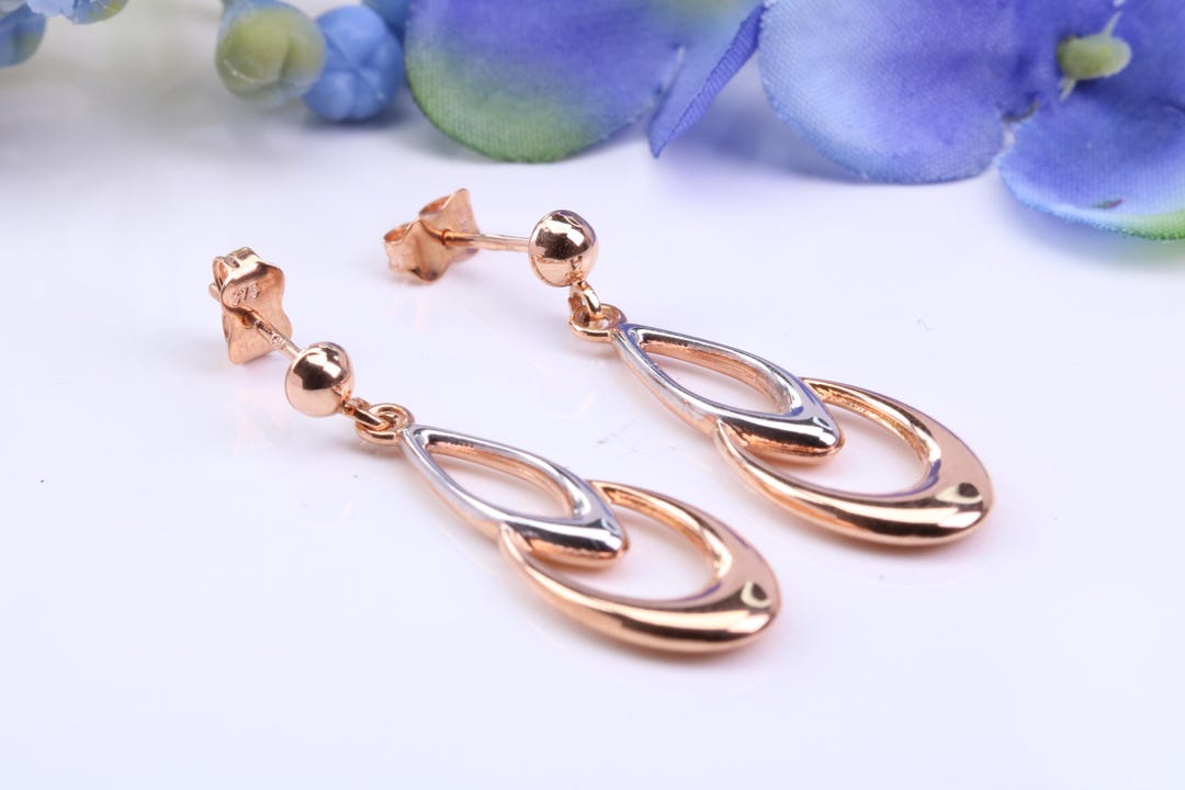 34 Mm Long Teardrop Shaped Rose Gold Dropper Earrings, Made From 9ct ...