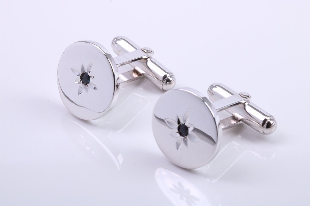 Natural Round Cut Blue Sapphire Set Solid Silver Cufflinks, - Etsy