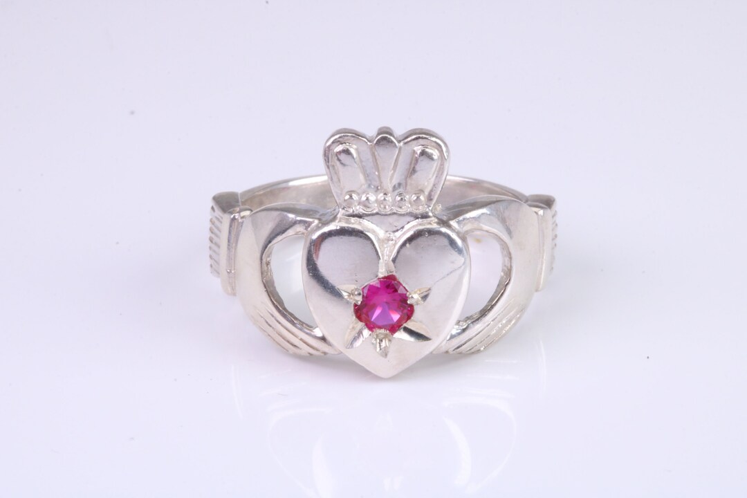 Large and Heavy Stone Set Claddagh Ring, Set With Ruby Red C Z, Solid ...