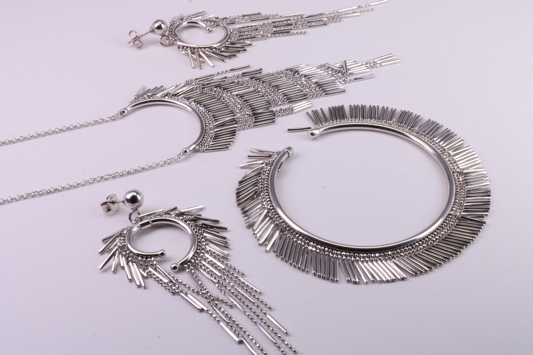 Large Silver Necklace With Matching Earrings and Bracelet - Etsy