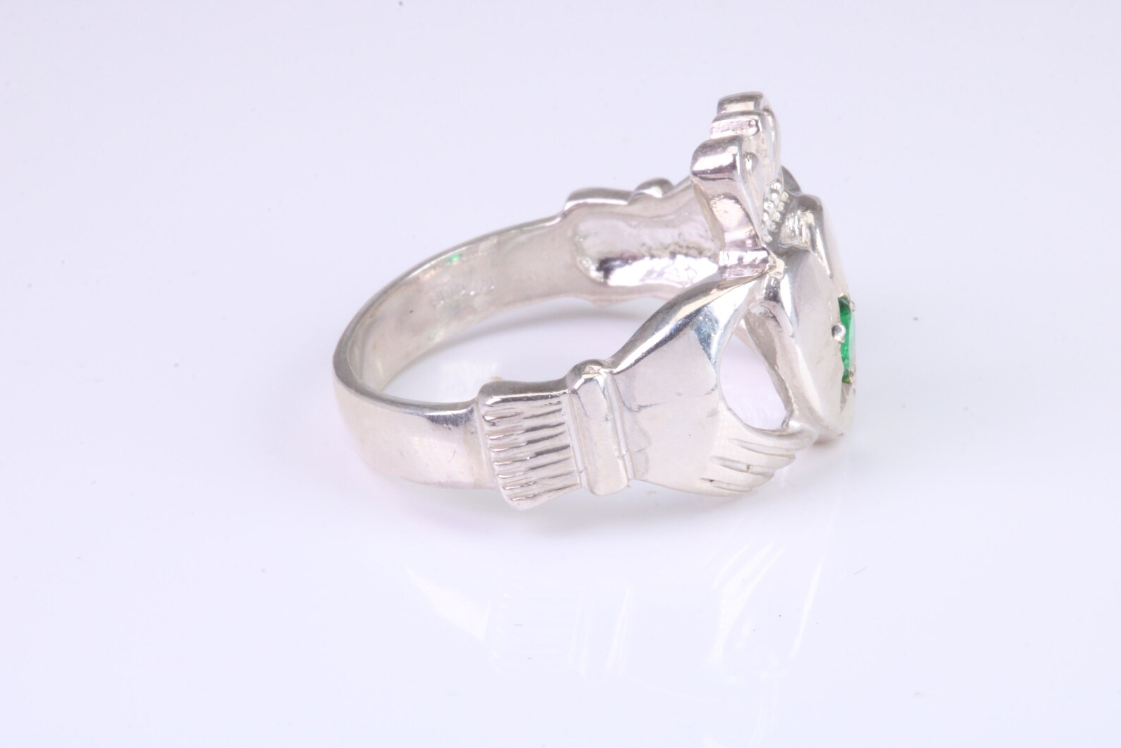 Large and Heavy Stone Set Claddagh Ring, Set With Emerald Green C Z ...