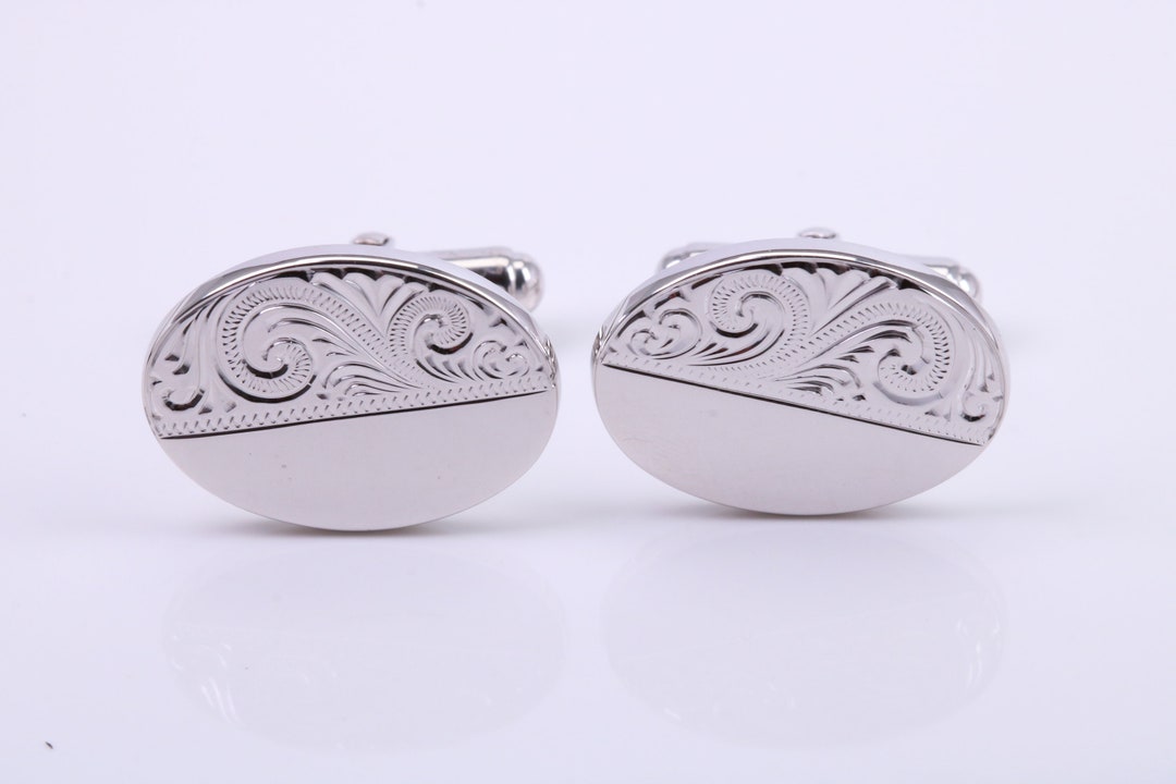 Hand Engraved Large Oval Solid Silver Cufflinks - Etsy