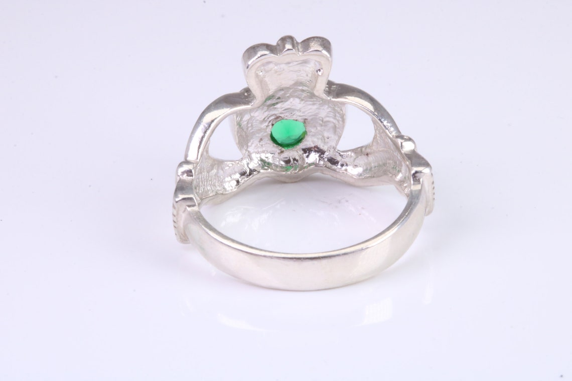 Large and Heavy Stone Set Claddagh Ring, Set With Emerald Green C Z ...
