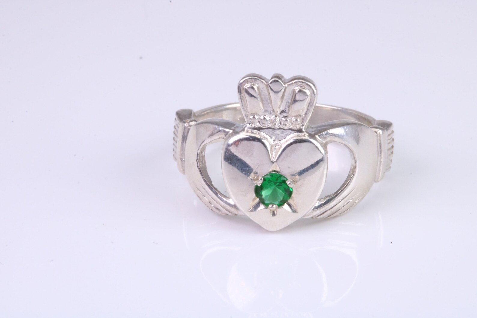 Large and Heavy Stone Set Claddagh Ring, Set With Emerald Green C Z ...