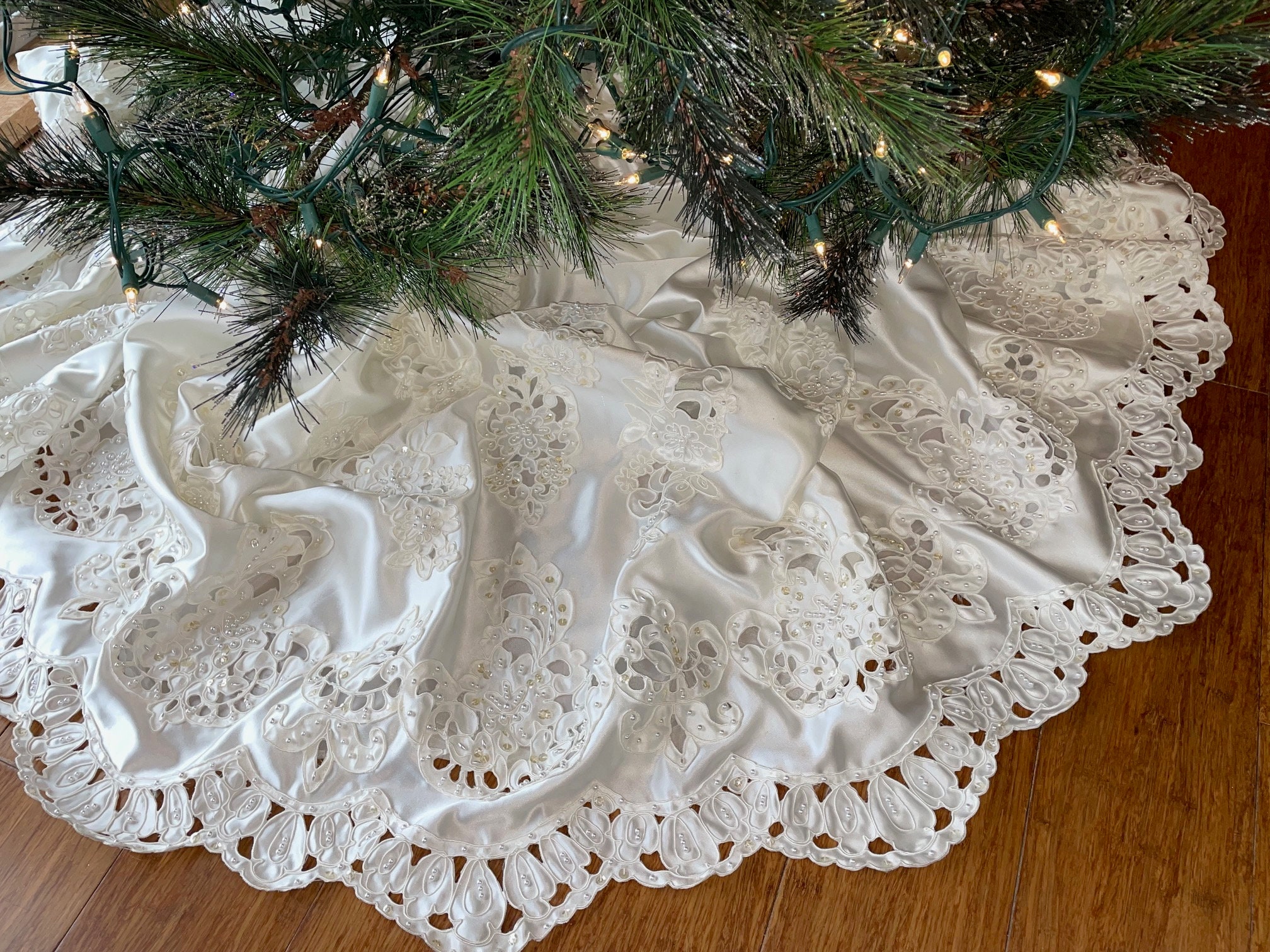 Gorgeous White Upcycled Wedding Dress Tree Skirt Pearls Embellishment ...