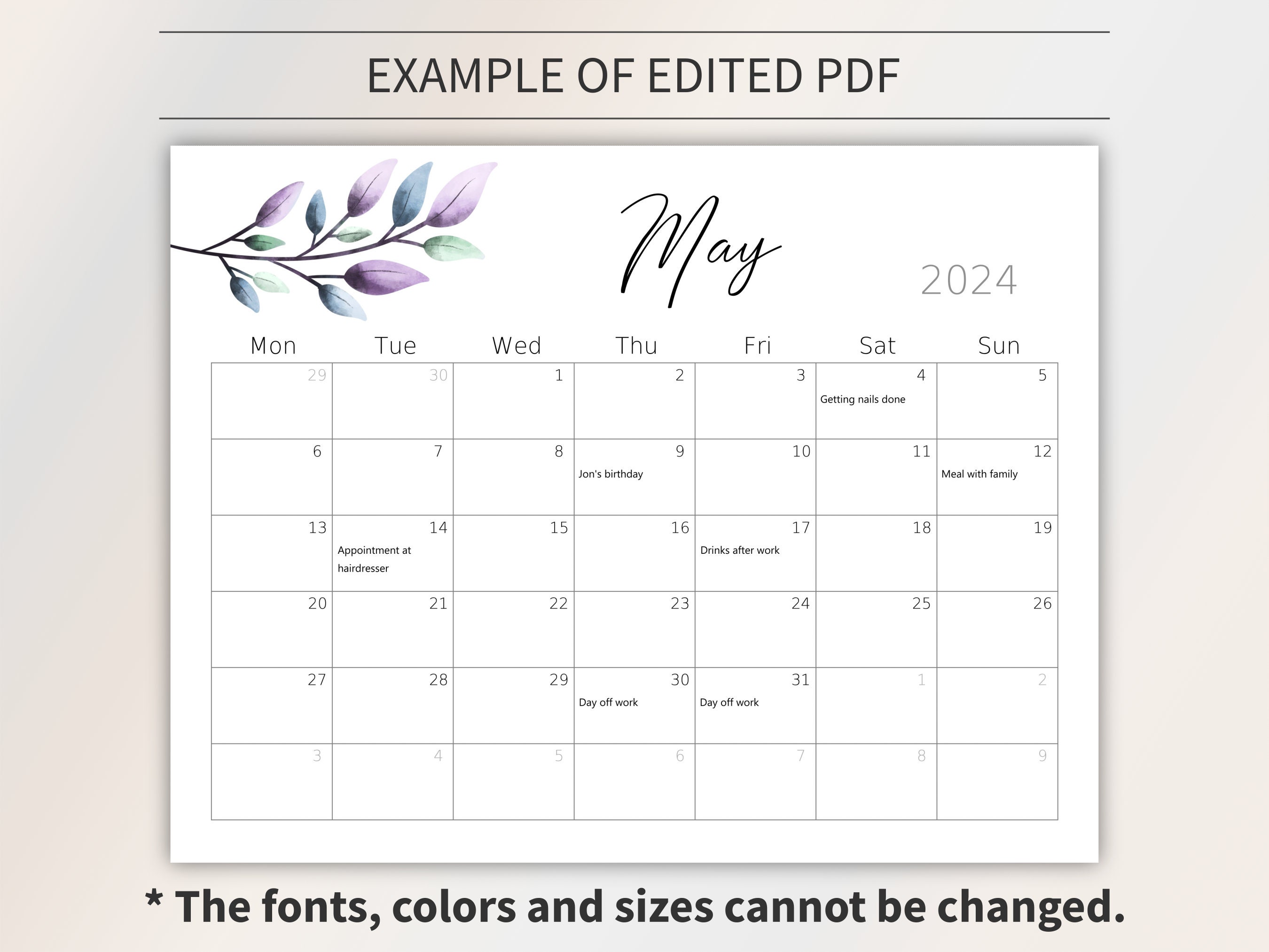2024 Printable Calendar, Botanical Calendar, Digital Calendar, Monthly ...