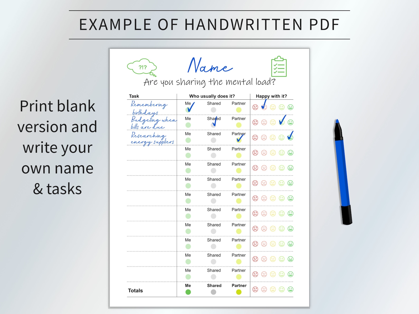 Mental Load Audit, Chore Chart for Adults, Printable & Editable PDF ...
