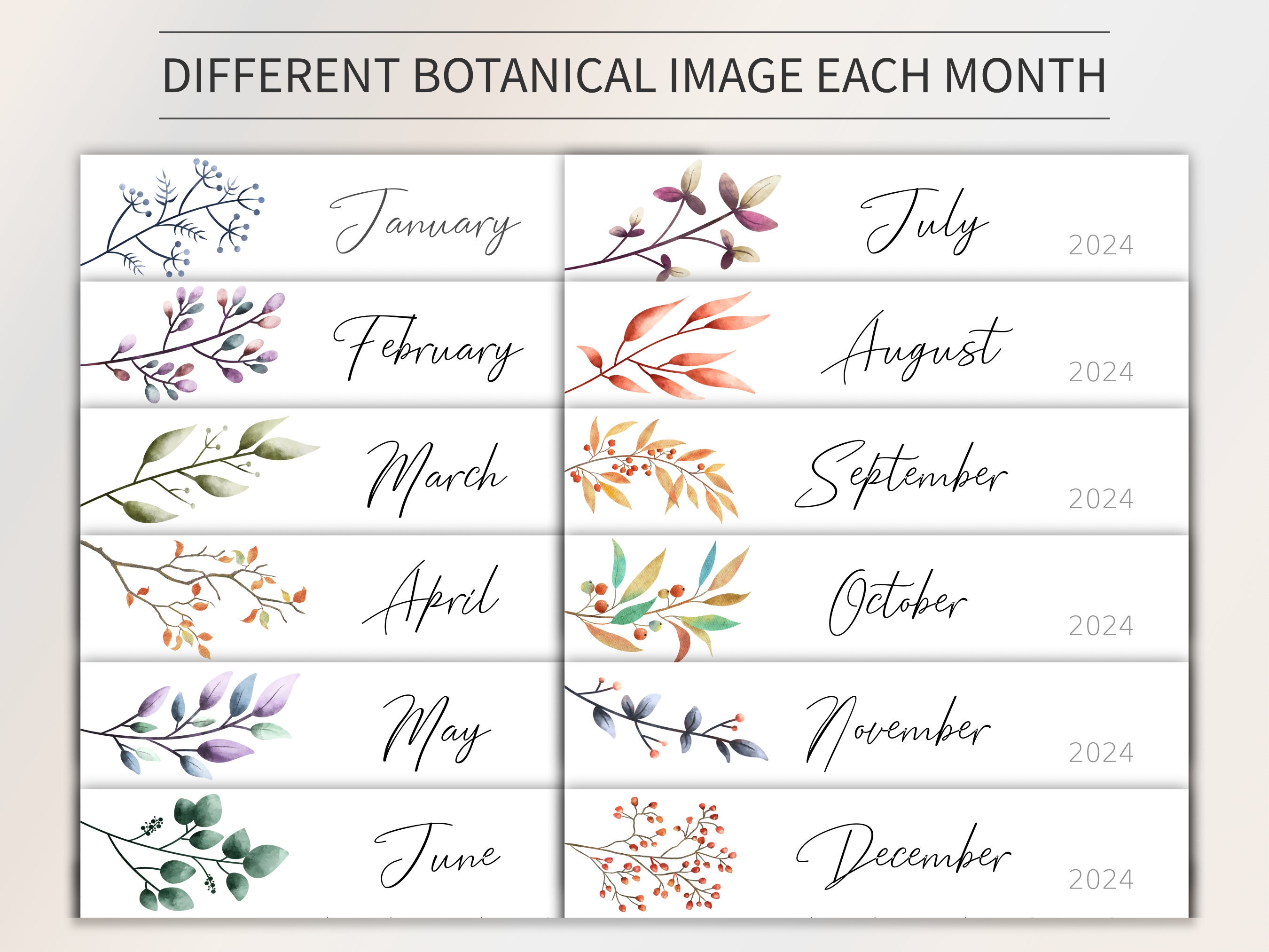 2024 Printable Calendar, Botanical Calendar, Digital Calendar, Monthly ...