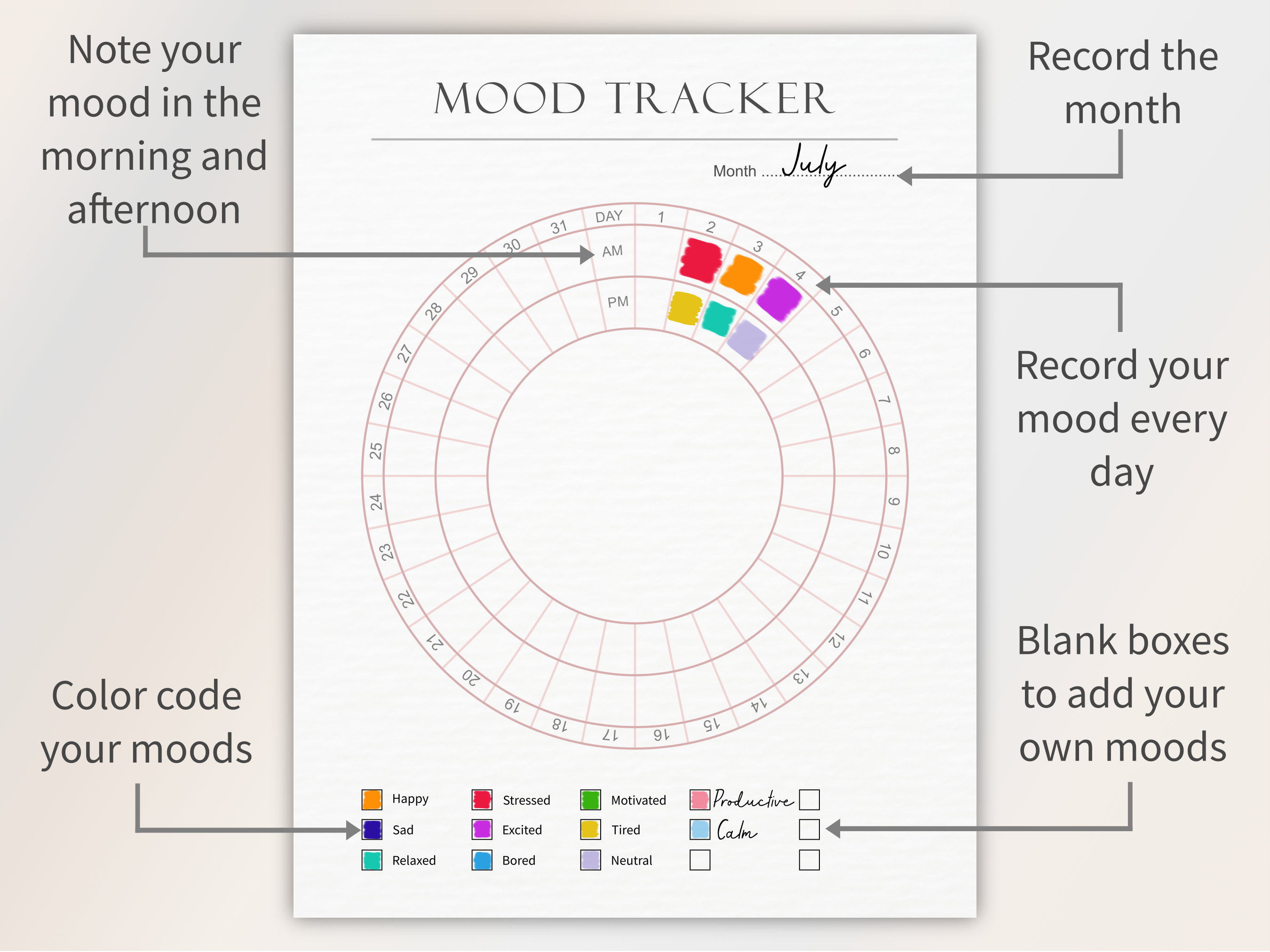 Mood Tracker to Track Your Moods Every Day, Circle Monthly Mood Journal ...