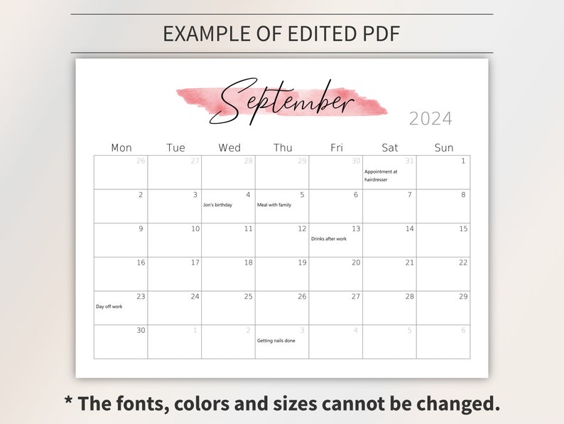 2024 Printable Calendar, Digital Calendar, Monthly Calendar, US Letter ...