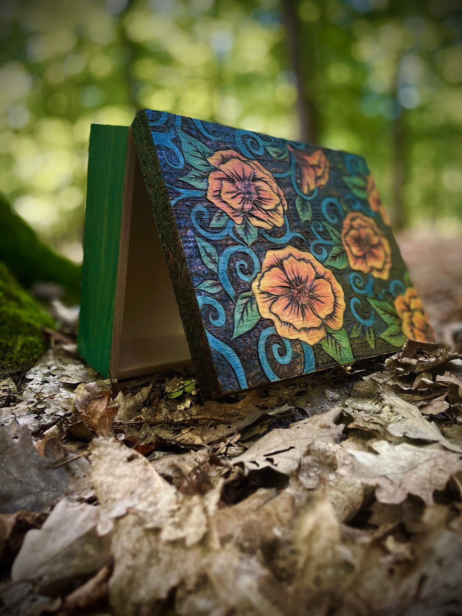 Woodburned Box With Flower Pattern and Vibrant Colours, Pyro-engraved ...