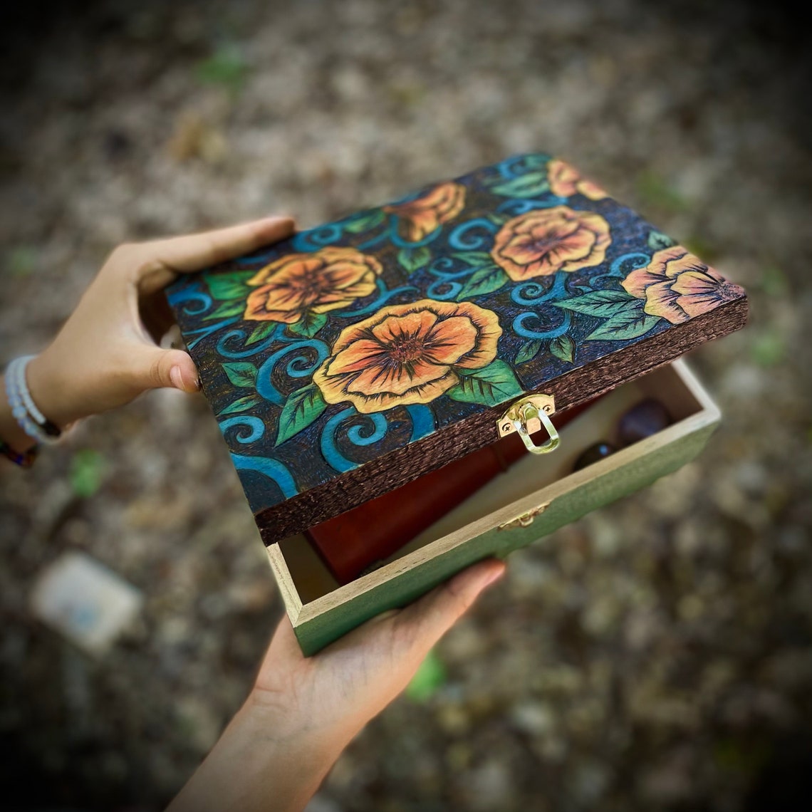 Woodburned Box With Flower Pattern and Vibrant Colours, Pyro-engraved ...