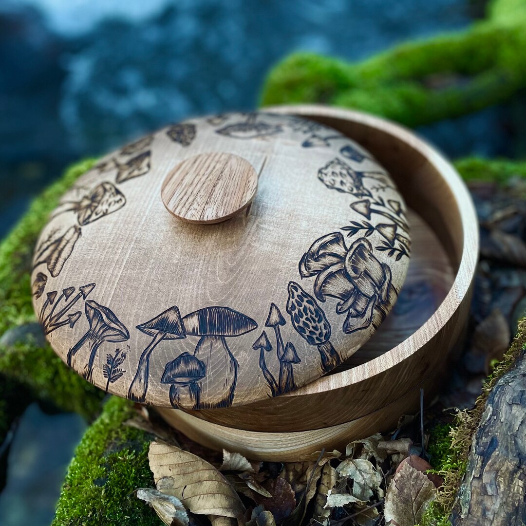 Custom Wood- Burned Box, Mushroom Inspired Wood Box, Mushroom Box ...