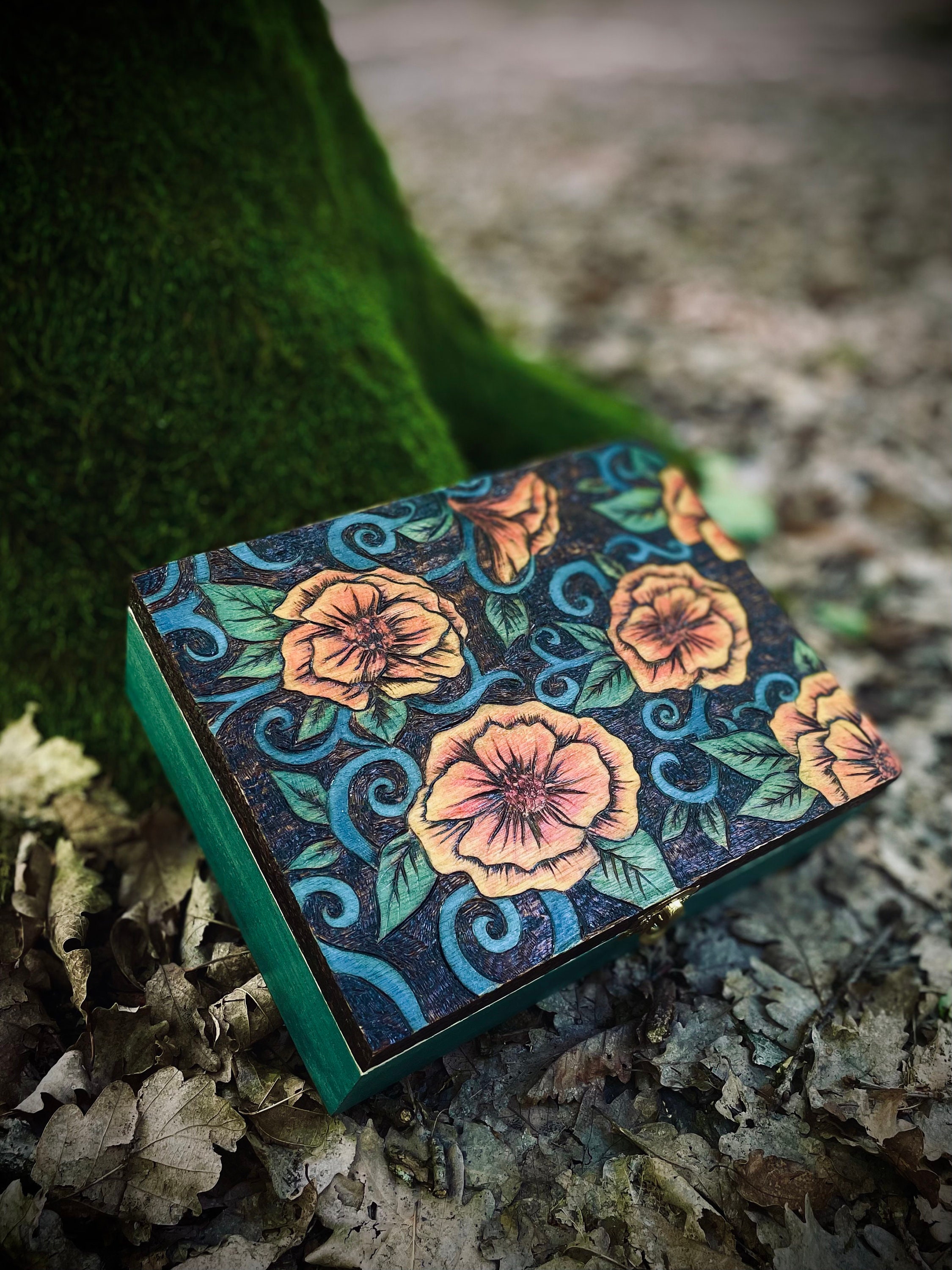 Woodburned Box With Flower Pattern and Vibrant Colours, Pyro-engraved ...