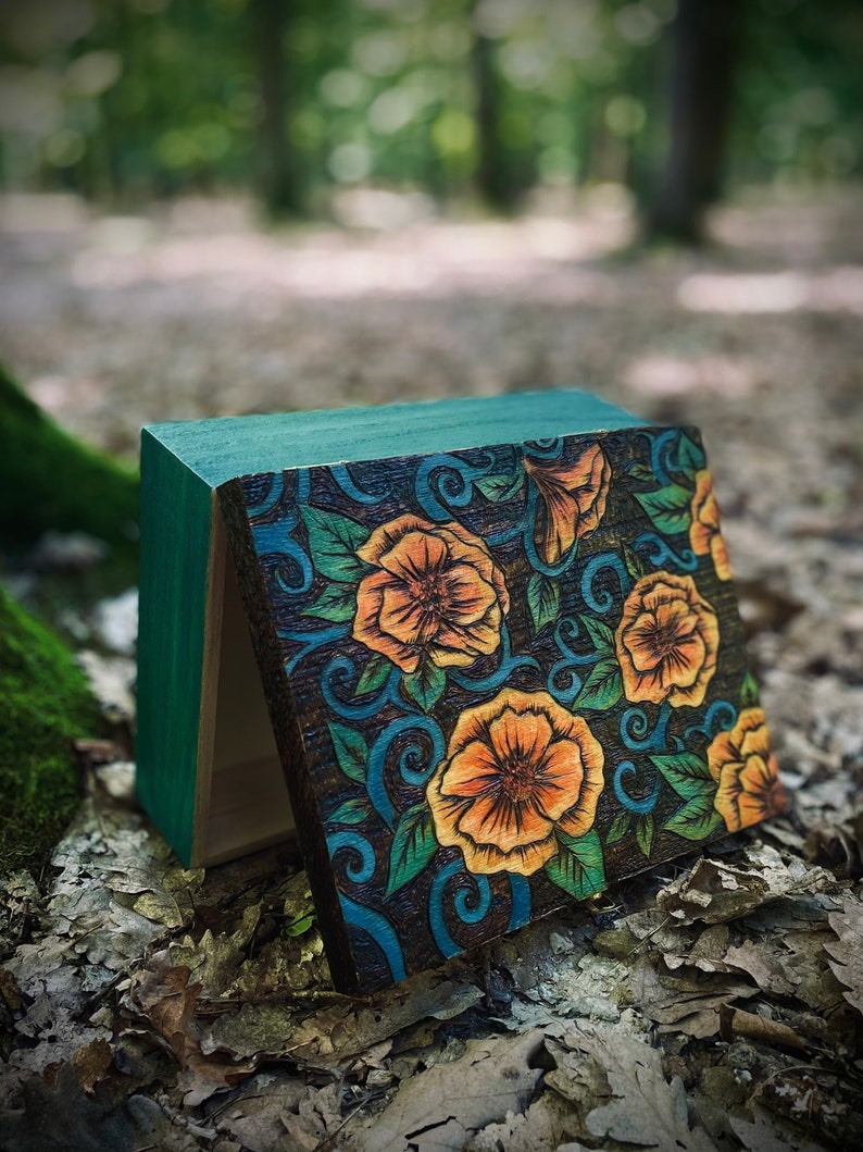 Woodburned Box With Flower Pattern and Vibrant Colours, Pyro-engraved ...