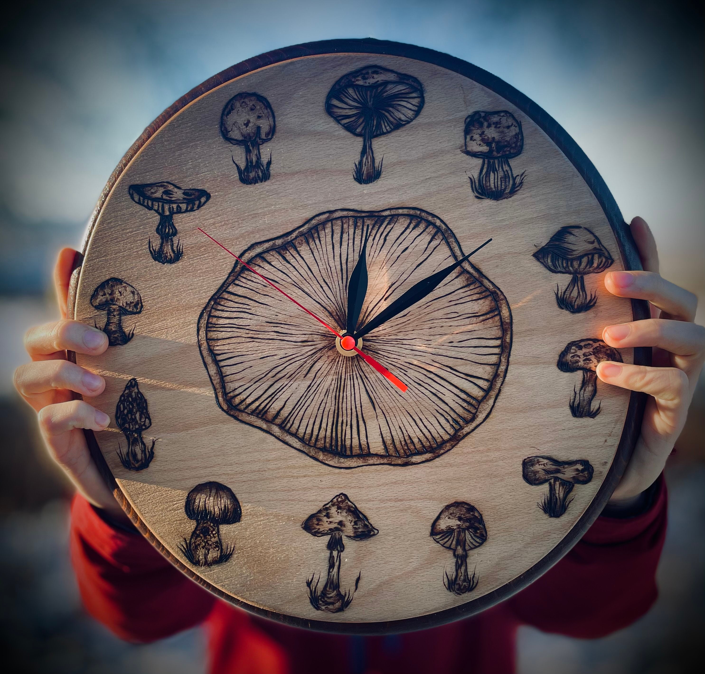 Mushroom Clock, Wood Burned Clock, Wall Clock, Wood Clock, Clock Wall ...