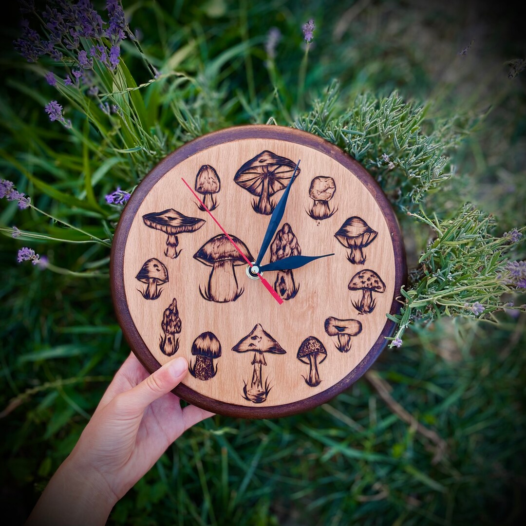 Wood Burned Clock, Mushroom Clock, Wall Clock, Wood Clock, Clock Wall ...