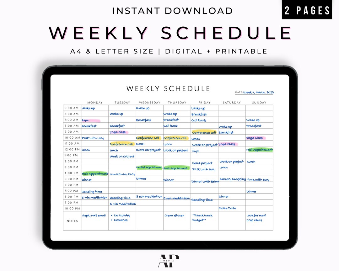 Hourly Weekly Schedule Landscape Weekly Planner Printable - Etsy