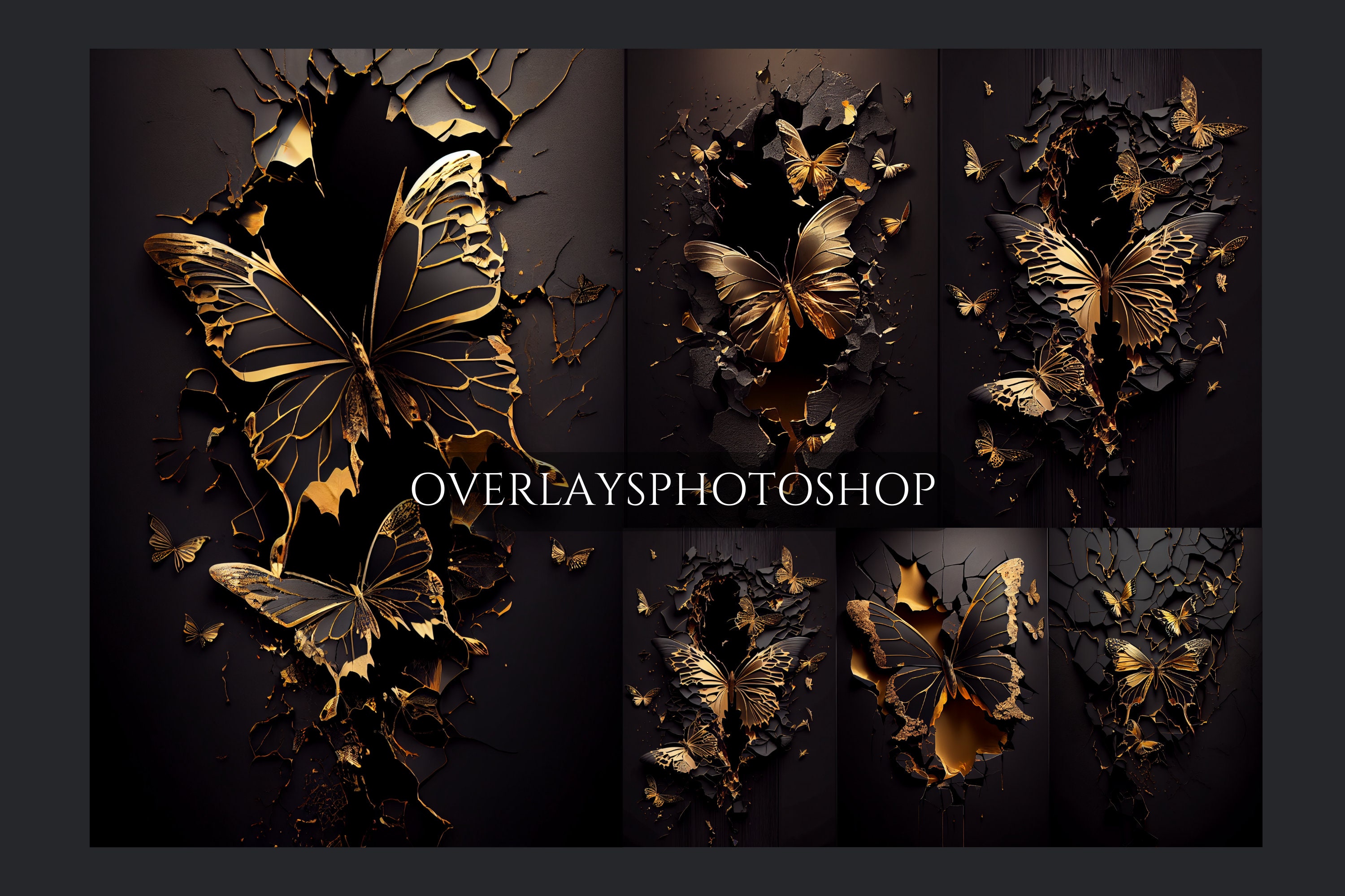 Black and Gold Butterfly Digital Backdrop Overlays, Skinny Canvas ...