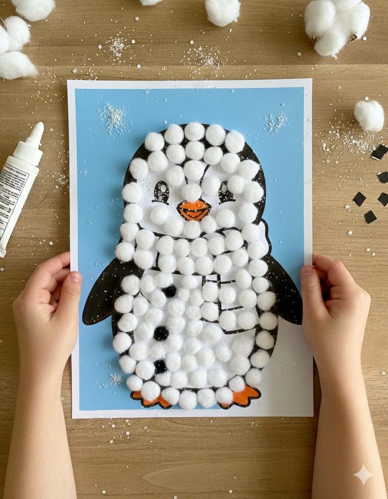 Penguin Cotton Ball Craft, Winter Classroom Art, Winter Activity ...