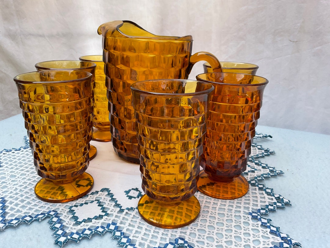 Vintage Indiana Glass Pitcher Set: Gold Cubist Design, 7-piece - Etsy