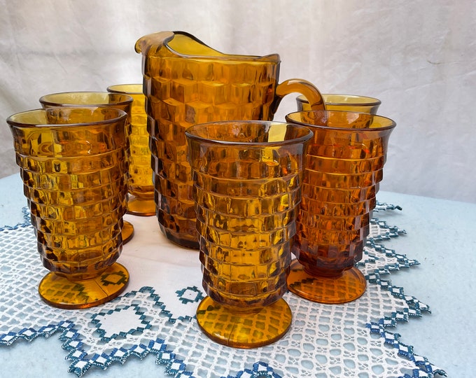 Vintage Indiana Glass Pitcher Set: Gold Cubist Design, 7-piece - Etsy
