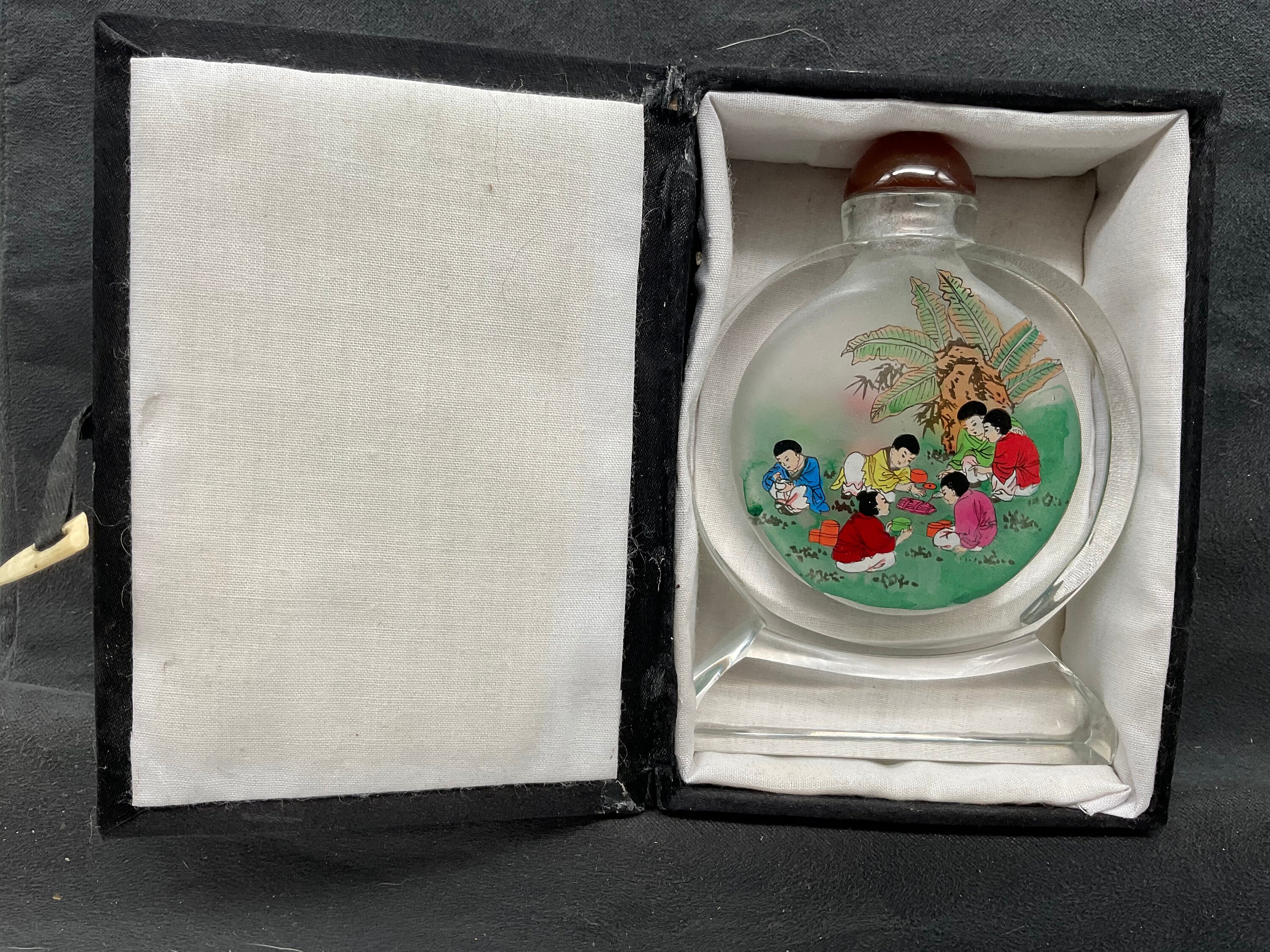 Chinese Art Reverse Painted Snuff Bottle Original Box, Ivory Closure ...