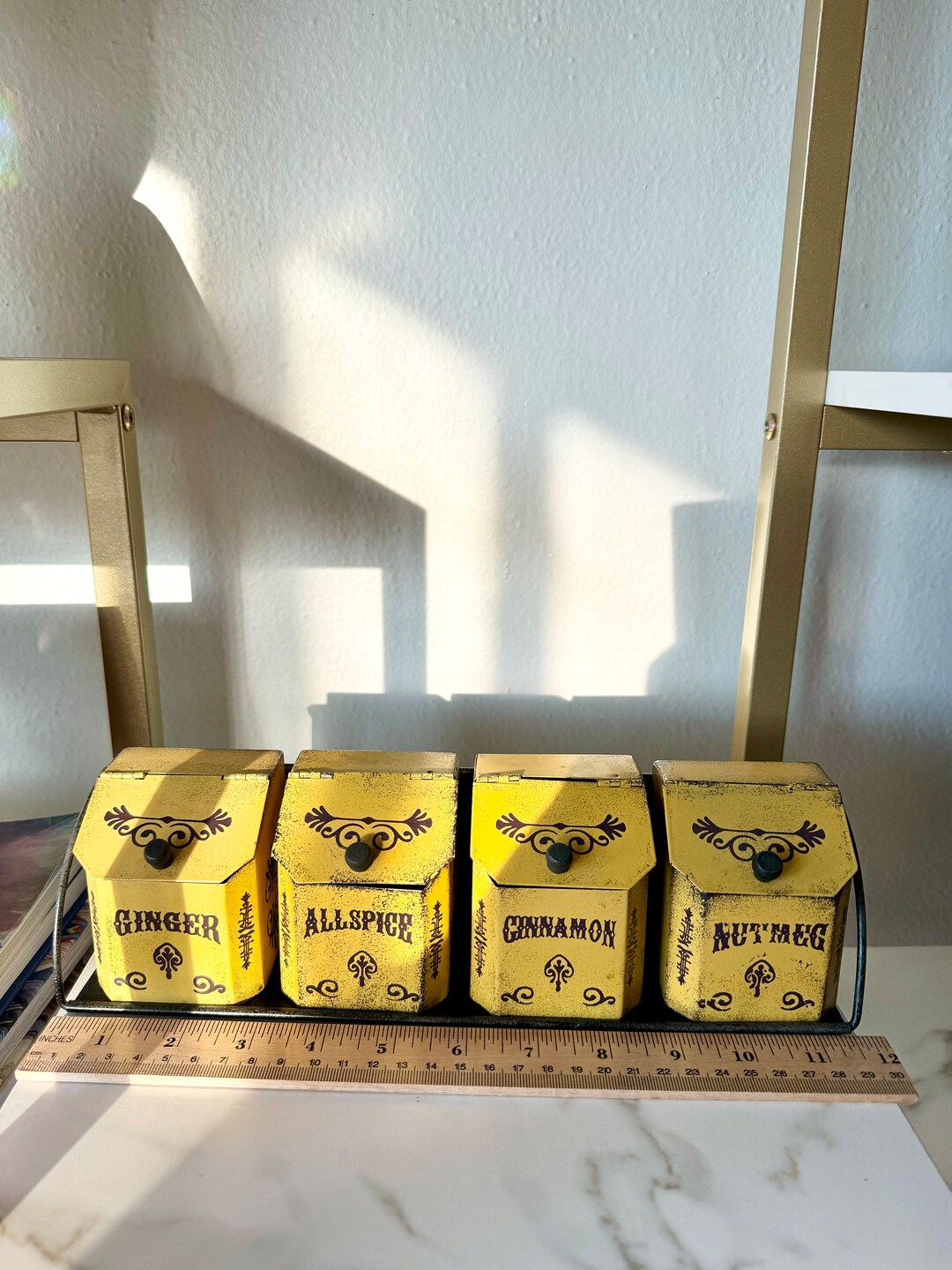 Vintage Tin Spice Rack Boxes With Wall Shelf Yellow and Black Metal ...