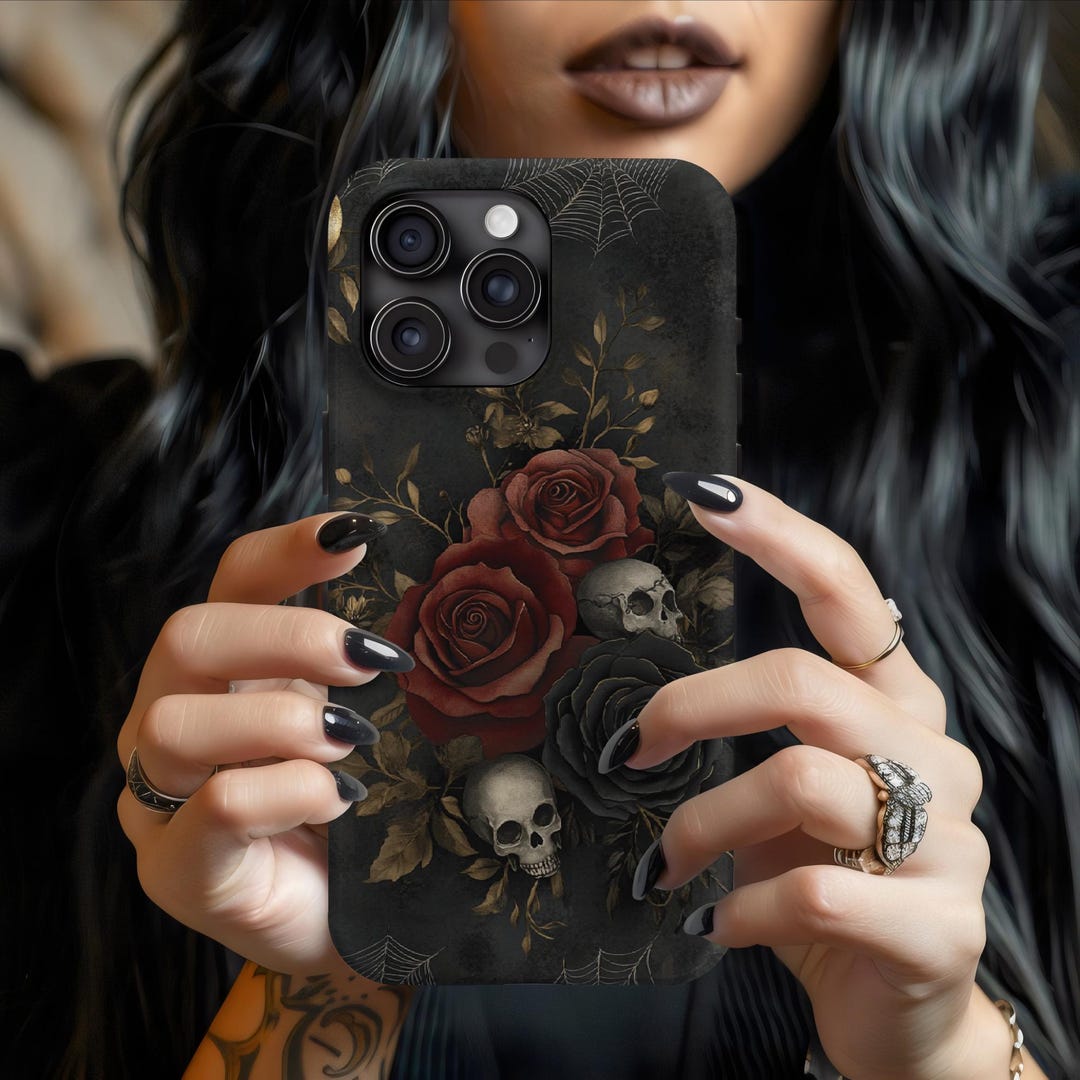 Gothic Floral iPhone 16 Tough Case - Black & Crimson Roses Gold Silver ...
