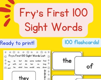 100 Printable Fry's First Hundred Sight Word Flashcards, Kindergarten ...
