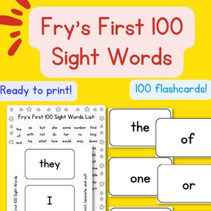 100 Printable Fry's First Hundred Sight Word Flashcards | Kindergarten ...