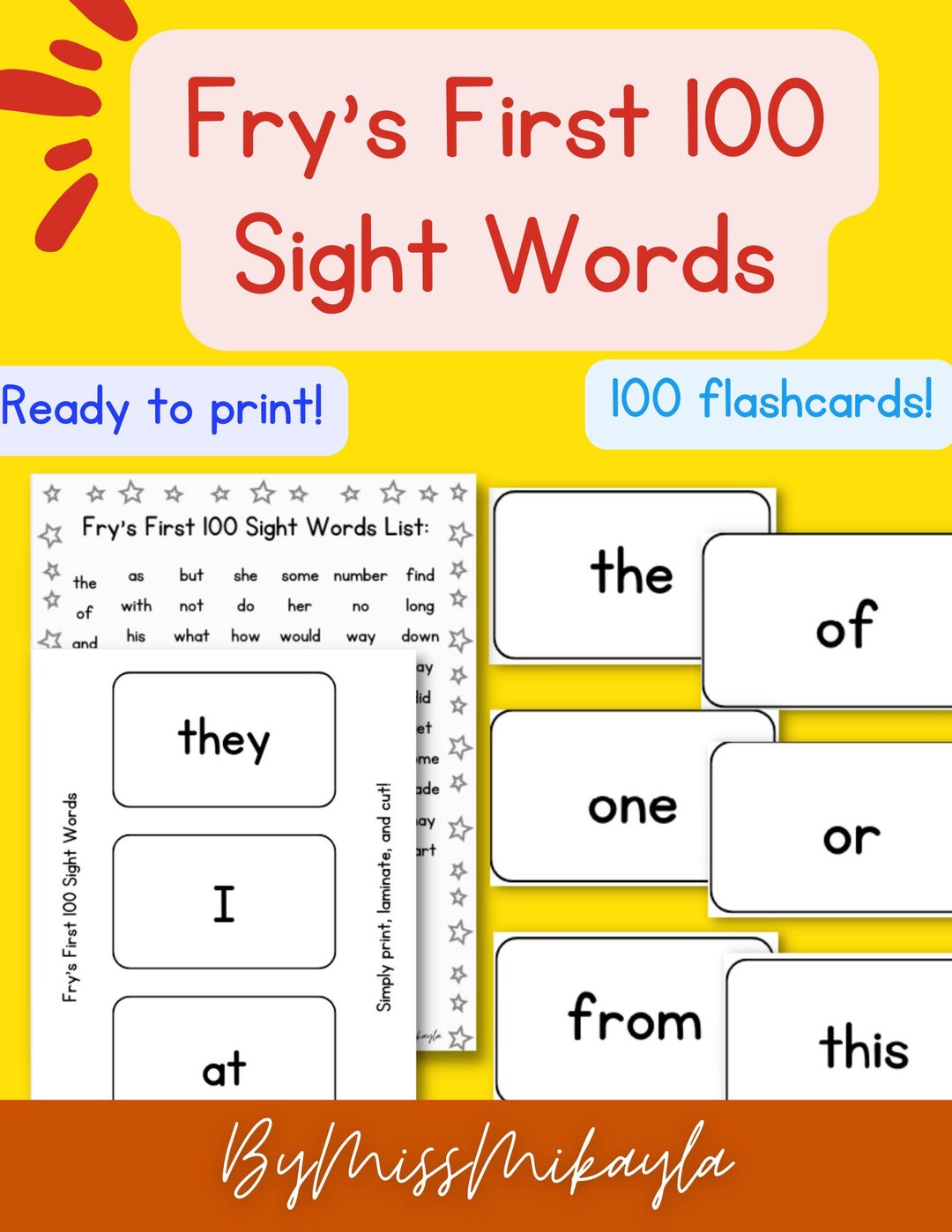 100 Printable Fry's First Hundred Sight Word Flashcards | Kindergarten ...