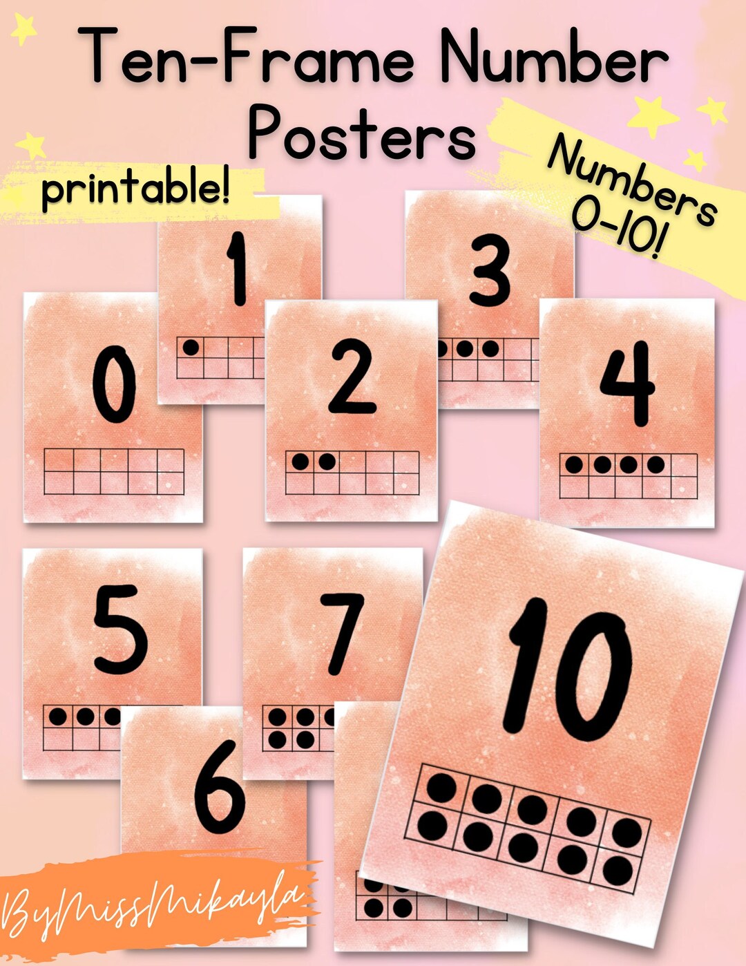 Classroom Number Posters | Numbers 0-10 | Ten-frame | Orange Watercolor ...