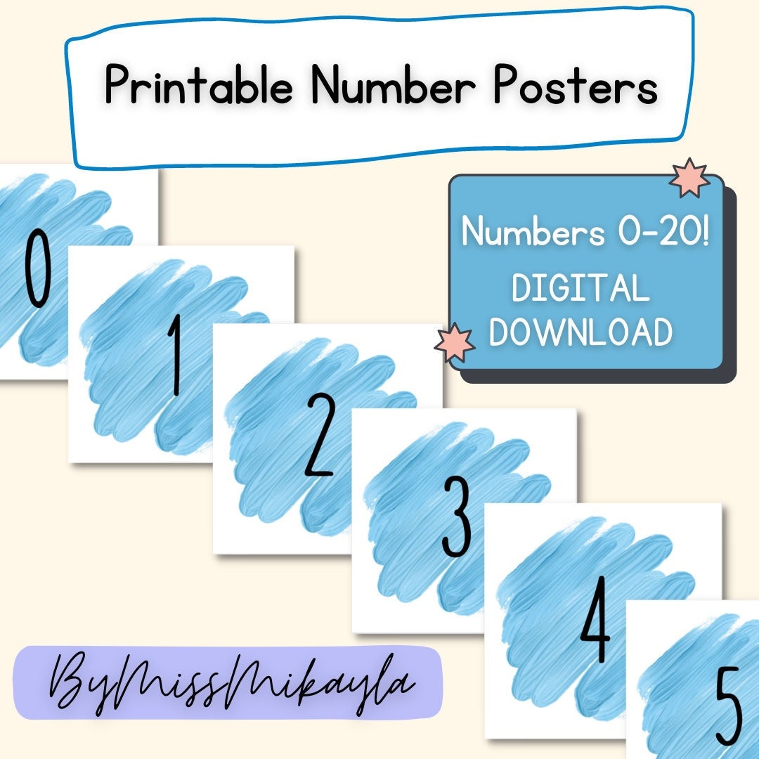 Printable Number Posters Blue Brush Stroke Classroom Decor Number Line ...