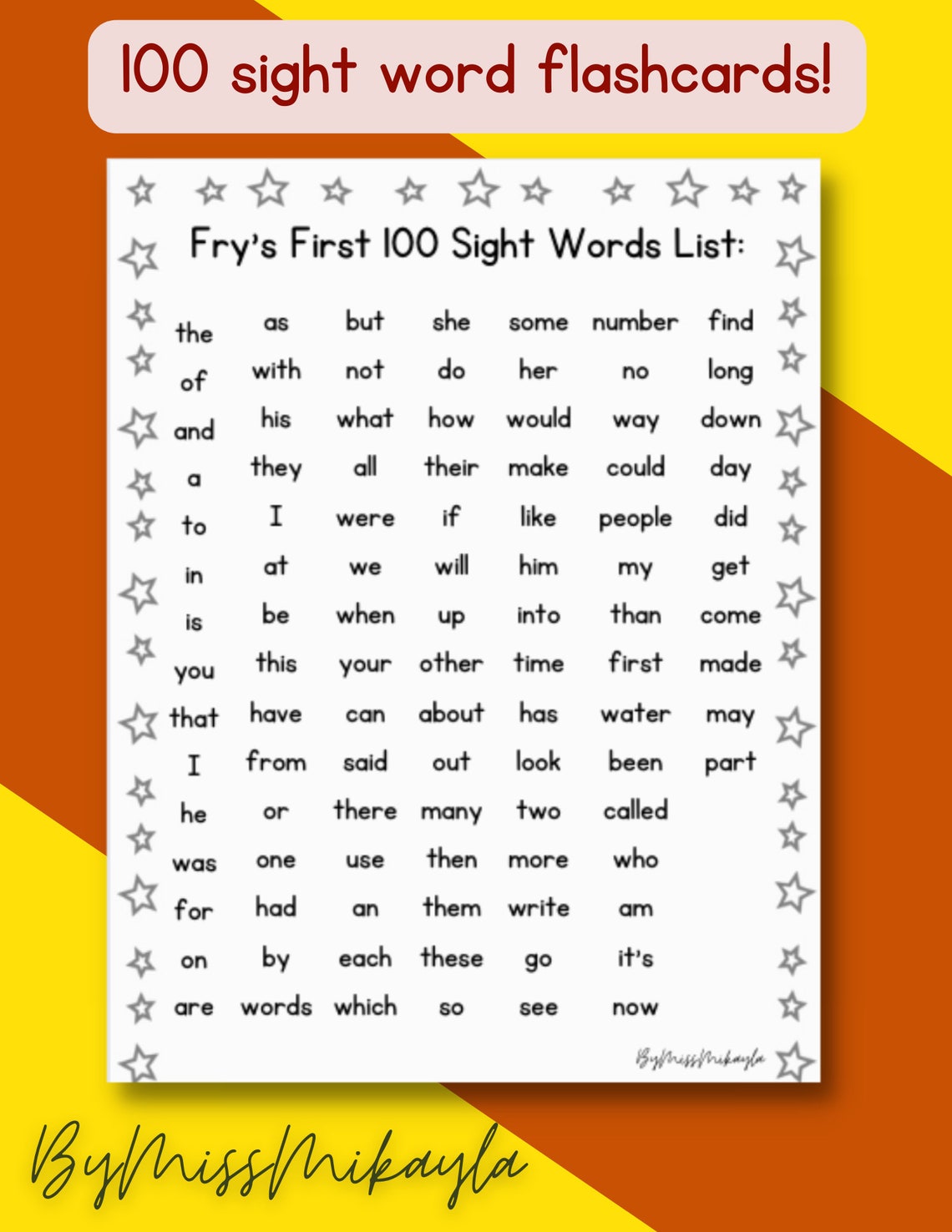 100 Printable Fry's First Hundred Sight Word Flashcards | Kindergarten ...