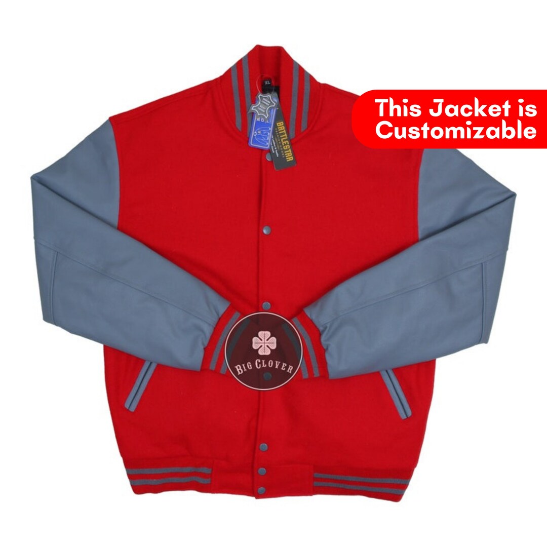 Handmade Red Wool Body & Gray Genuine Cowhide Leather Sleeves High ...