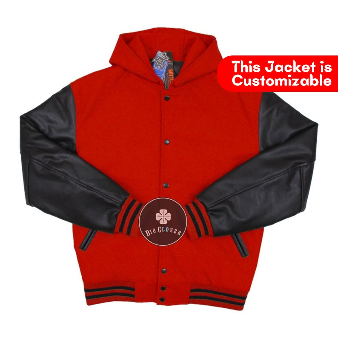 Handmade Red Wool Varsity Jacket: Leather Sleeves, Hooded Bomber - Etsy