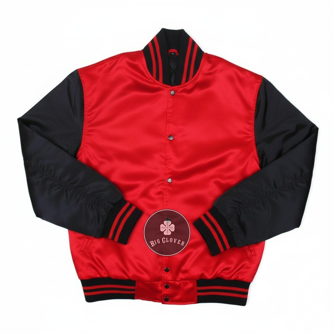Handmade Red Satin Varsity Jacket: Black Sleeves, College Bomber - Etsy