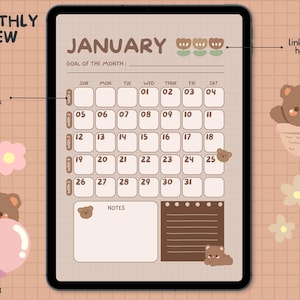 Cute 2025 Digital Planner Teddy Bear Hyperlinked Weekly Monthly Planner ...