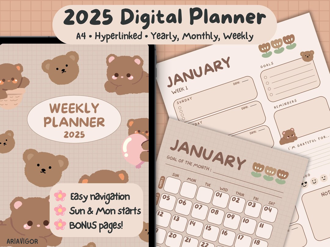 Cute 2025 Digital Planner Teddy Bear Hyperlinked Weekly Monthly Planner ...