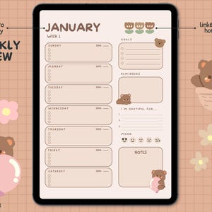Cute 2025 Digital Planner Teddy Bear Hyperlinked Weekly Monthly Planner ...