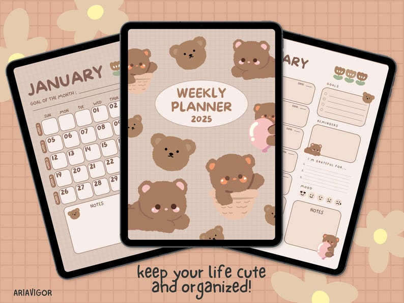 Cute 2025 Digital Planner Teddy Bear Hyperlinked Weekly Monthly Planner ...