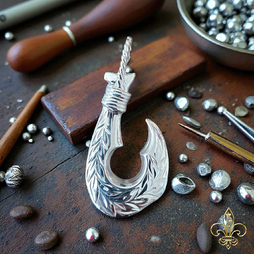 Hand Carved Sterling Silver Fish Hook Pendant: Hawaiian Heirloom ...